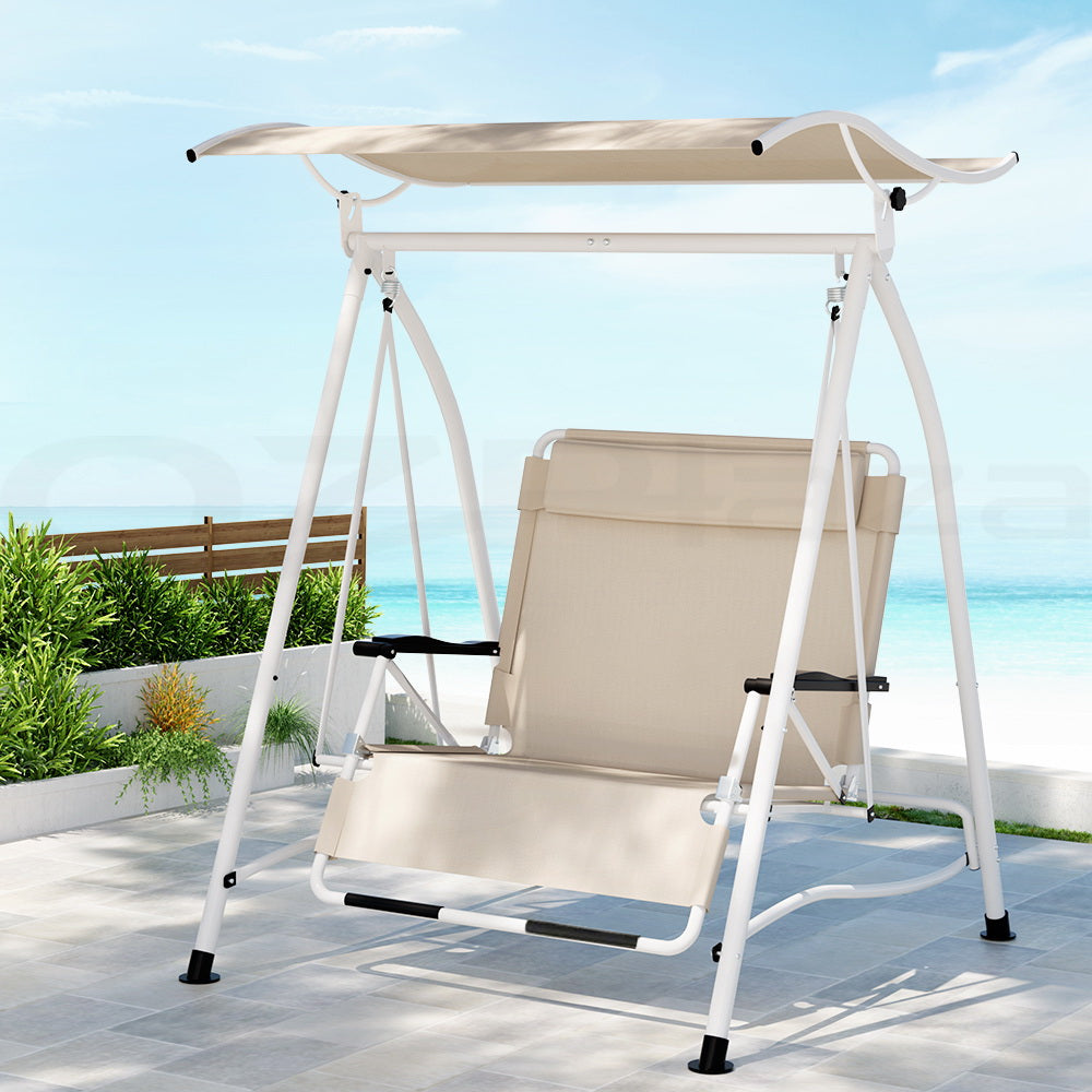 Outdoor Swing Chair 2 Seater Garden Patio Lounger with Canopy - Beige ...