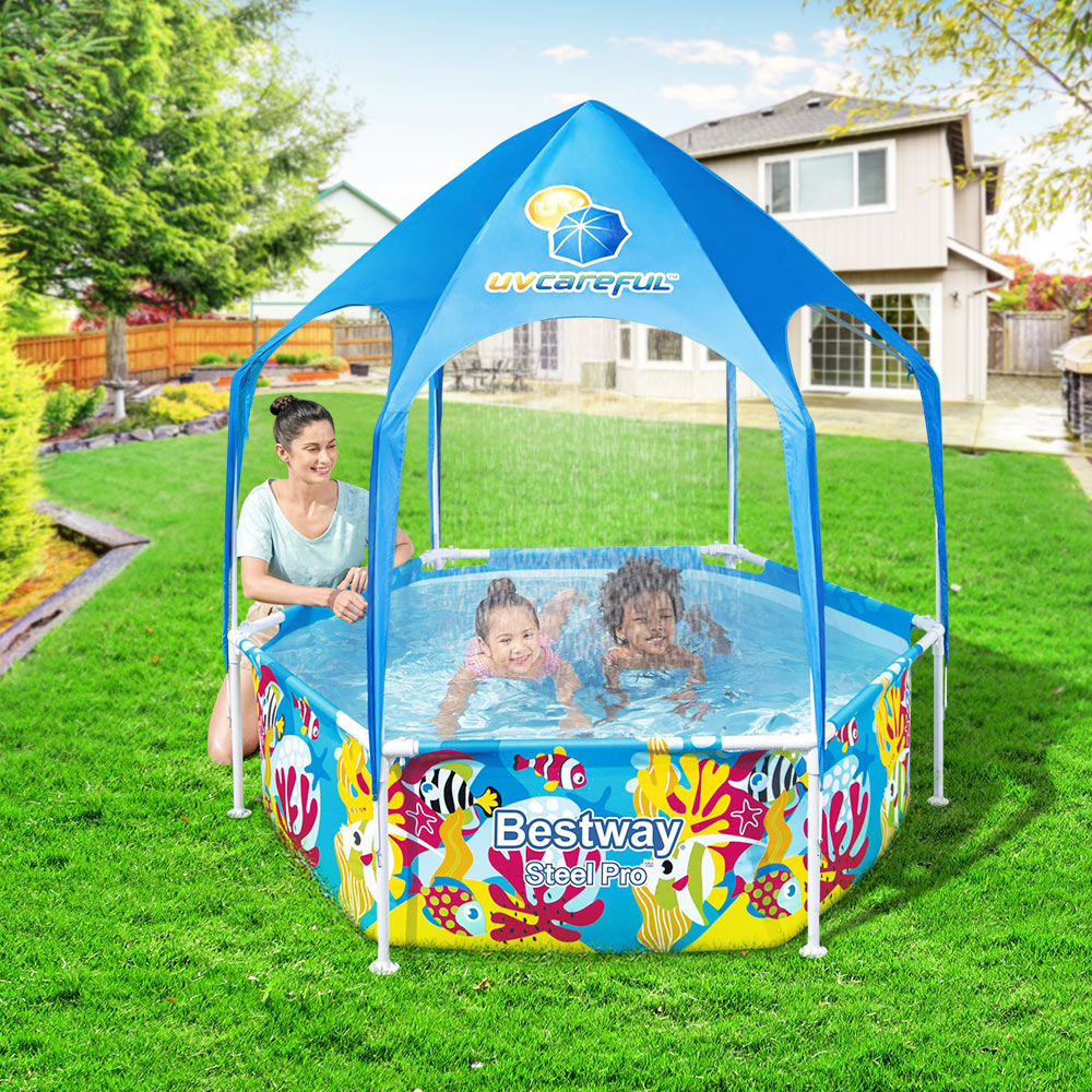 1.8m Round Kids Backyard Swimming Pool with Sun Shade Canopy and Hose ...