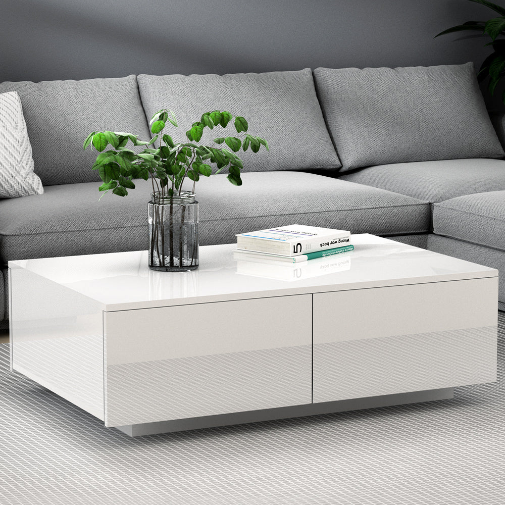 Modern High Gloss Coffee Table with 4 Storage Drawers - White – Homecoze